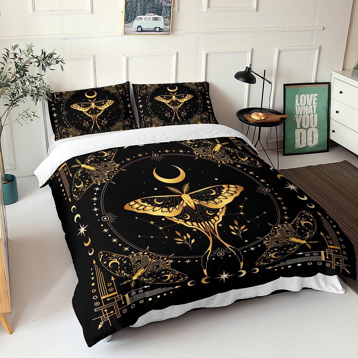 AILONEN Moth Duvet Cover Set Queen Size, Boho Sun and Moon Comforter Cover Set,Death Moth Duvet Cover with 2 Pillowcases, 3 Pieces