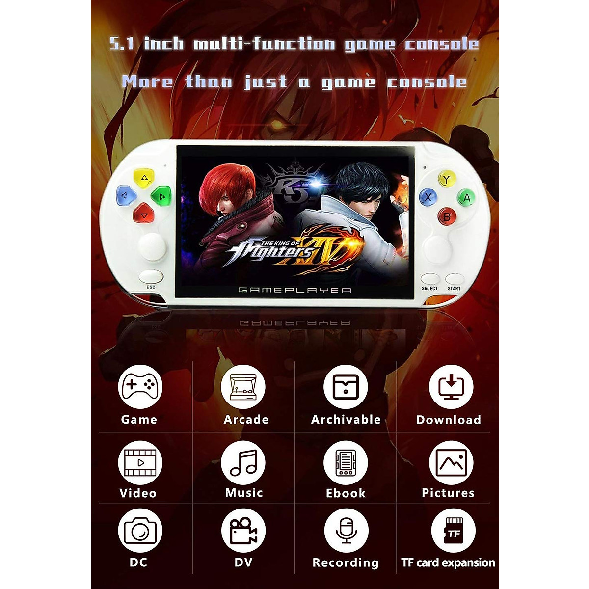 CZT 5.1-inch multi-function video game console color crystal buttons built-in 9600 games MP3MP4 lithium battery game archive AV OUT DV/DC hand-held gaming device (White)