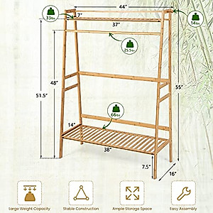 Tangkula Bamboo Clothing Rack with Storage Shelves, Freestanding Garment Rack with Top Shelf, Shoe Rack, 2 Hooks, Heavy-duty Clothing Storage Organizer for Bedroom, Entryway, Living Room, Natural