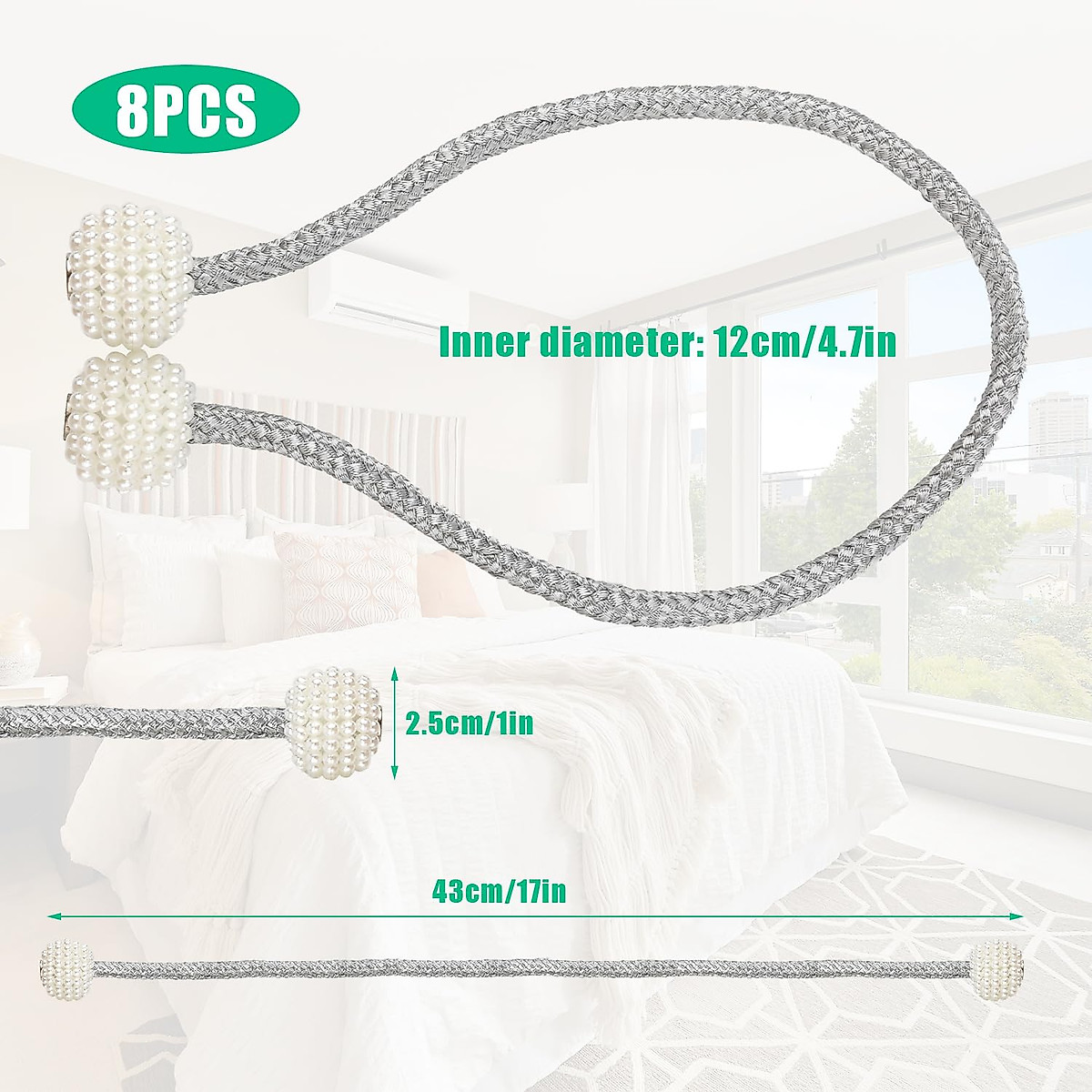 8pcs Magnetic Curtain Ties, Pearl Curtain Ties Decorative Rope Curtain Holder Holdbacks for Drapes Modern Curtain Holdbacks for Home Office Hotel Window Decorative(Grey)