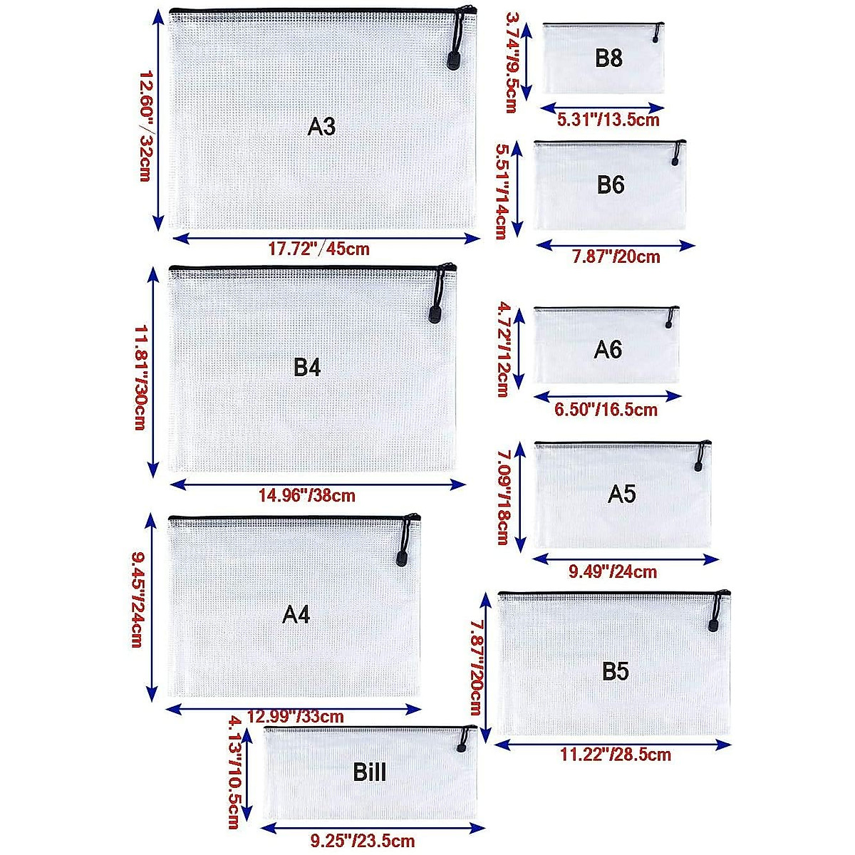 Oaimyy-B6(5.5"x 7.5"),12 Pcs,Plastic Mesh Zipper Pouch Document Folders Bag Zip File Folders for School Office Supplies, Travel,Puzzles Games Organizing Storage-Black