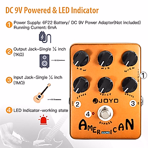 JOYO American Sound Amp Simulator Pedal of Fd 57 Deluxe Amplifier from Clean to Overdrive Sound for Electric Guitar Effect - Bypass (JF-14)