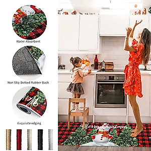 Arts Print Kitchen Rug Mat Set of 2,Merry Christmas Cute Snowman with Christmas Tree Black and Red Buffalo Plaid Runner Rug,Non-Slip Durable Kitchen Floor Mat for Sink,15.7x23.6Inch+15.7x47.2Inch