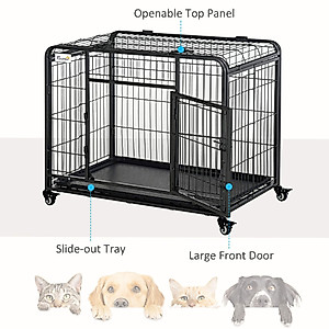 PawHut Folding Design Heavy Duty Metal Dog Cage Crate & Kennel with Removable Tray and Cover, & 4 Locking Wheels, Indoor/Outdoor 37"