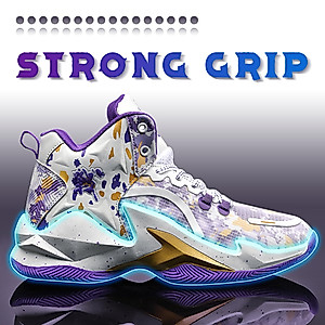 Promenie Men's High Top Basketball Shoes Fashionable Breathable Professional Outdoor Basketball Shoes White-Purple Size 8.5