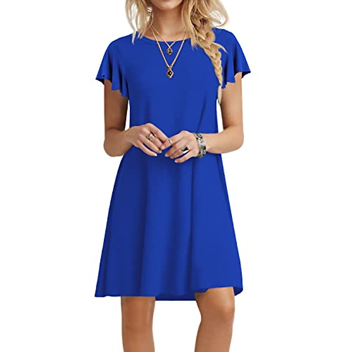 Askyes Womens Summer Dresses Casual Short Sleeve Flowy Hem Swing Sundress Fashion Tshirt Dress with Pockets,Royal Blue,M