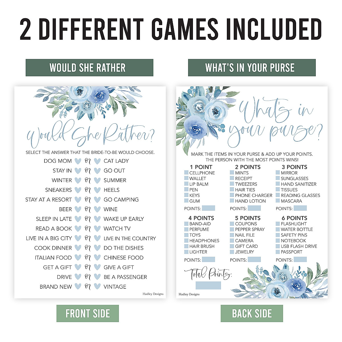 Hadley Designs 20 Floral Hilarious Bridal Shower Games For 20 Guests - Couples Wedding Shower Games, Would She Rather Bridal Shower Game Set, Whats In Your Purse Game Bridal Shower