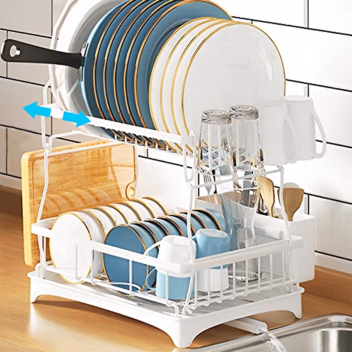 ParkNbuy Dish Drying Rack,2-Tier Detachable Dish Racks for Kitchen Counter,Large Capacity Dish Drying Rack Drainboard Set with Utensil Pots Holder and Cutting Board Holder White
