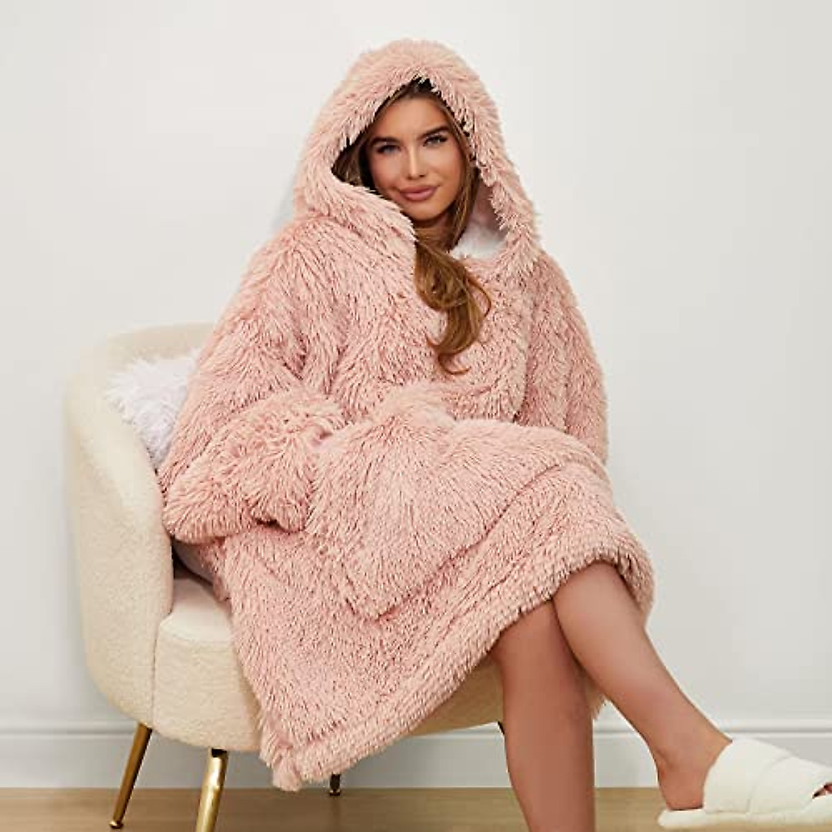 Sienna Fluffy Long Fibre Fleece Sherpa Lined Super Soft Hoodie Blanket Adults Oversized Giant Christmas Jumper Gift Throw - Blush Pink