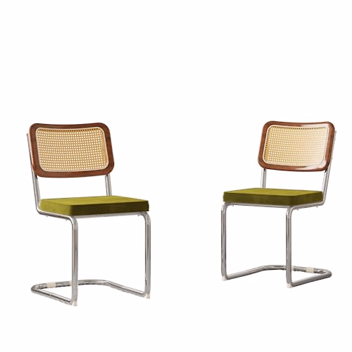 MeetLeisure Rattan Dining Chair Set of 2, Mid-Century Modern Chairs with Metal Chrome Legs, Armless Cane Back Chairs with Upholstered Cushion for Home Kitchen Dining Room, Walnut Brown/Green