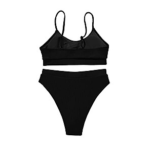 Lilosy High Waisted Tummy Control Bikini Ribbed Sporty Brazilian Swimsuit Set Women Highwaisted Cheeky Crop Push Up Top Cut Leg Rise Bottom 2 Piece Bathing Suit Black Medium