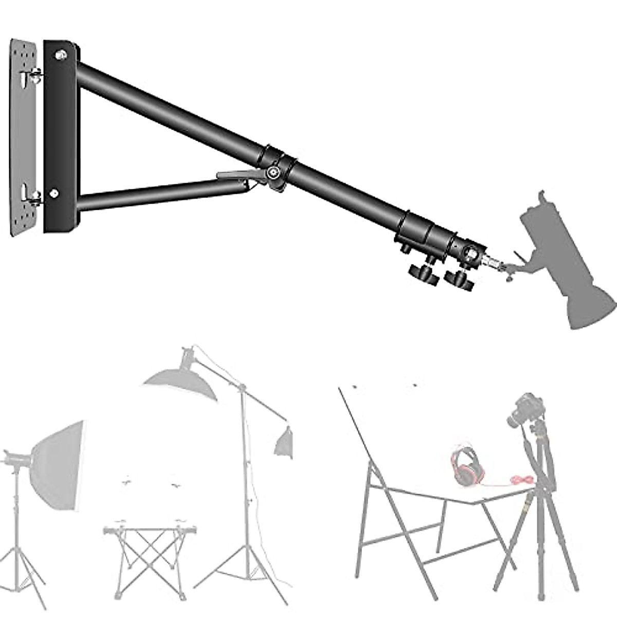 Wall Mounting Triangle Boom Arm for Ring Light, Support 180° Flexible Rotation, 28-51in Adjustable Length, Save Space, for Monolight, Softbox, Umbrella and Reflector