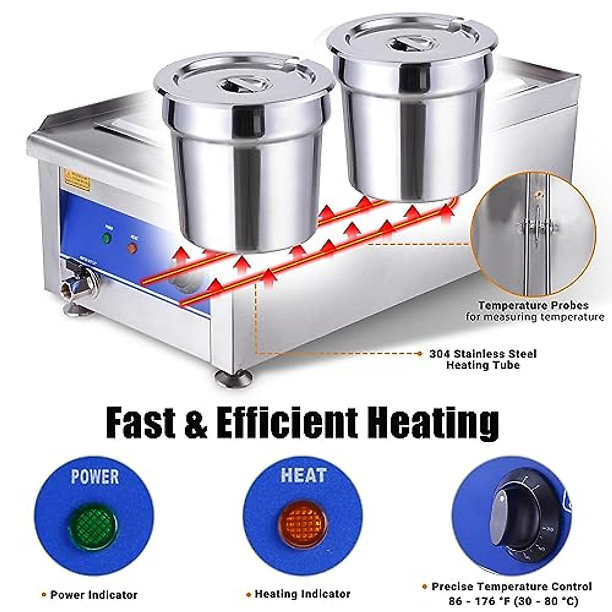WeChef Commercial Stainless Steel Food Warmer Dual 7L Round Pot Countertop Steam Bain Marie Table Soup Restaurant Buffet