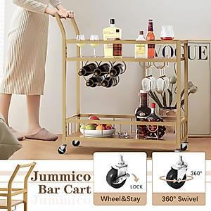 JUMMICO Bar Cart Industrial Home Mobile Wine Cart Serving Bar Cart on Wheels with Storage Shelves Wine Rack and Glass Holder for Living Room, Kitchen, Corridor, Hallway,Gold