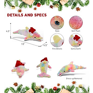 DolliBu Santa Large Rainbow Dolphin Stuffed Animal Plush Toy - Wild Animal Dress Up with Red Santa Claus Hat, Cute Wildlife Gift, Perfect Holiday with Name Personalization - 18 Inches