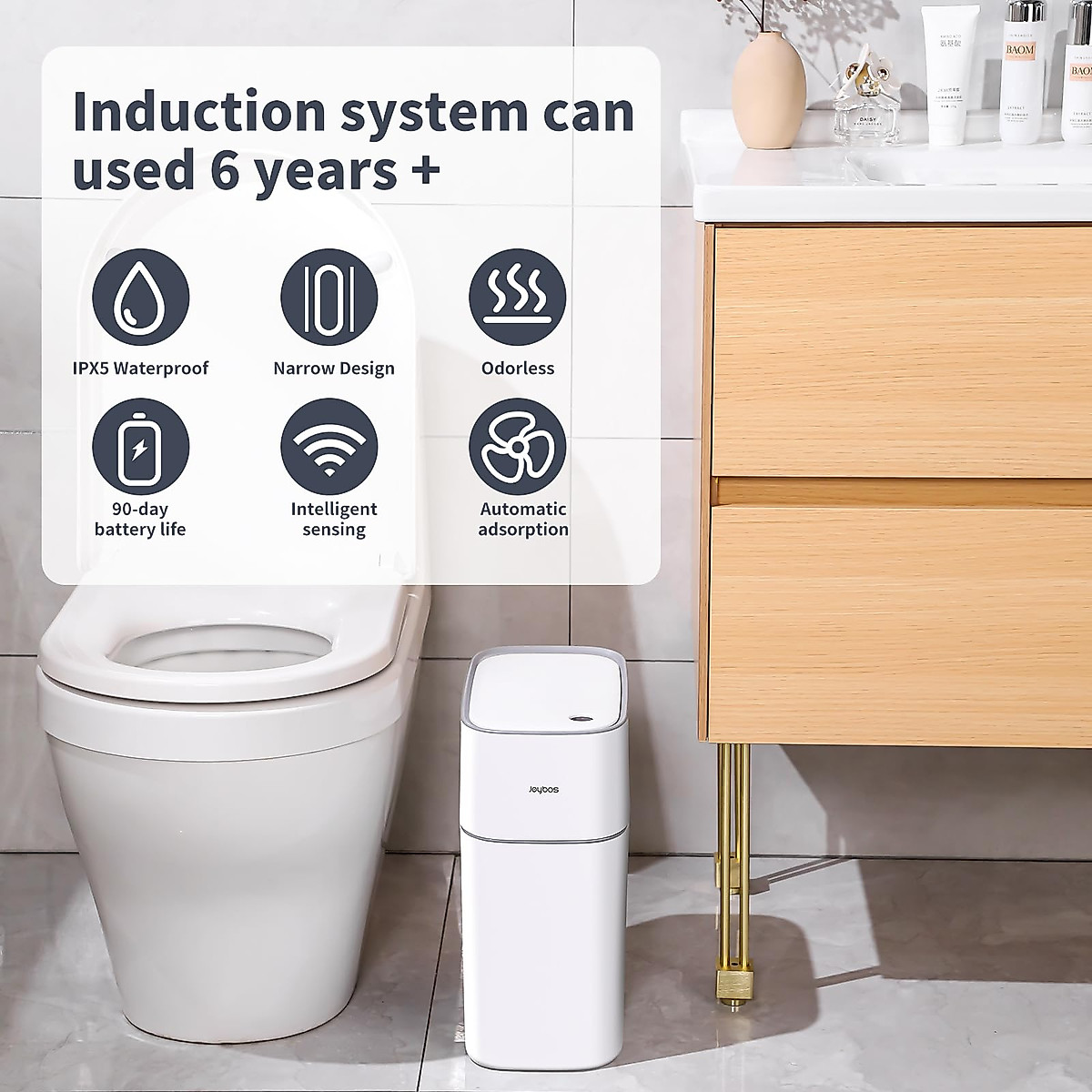 MOPUP Touchless Bathroom Trash Cans, Waterproof Motion Sensor Bedroom Garbage Can, 3.5 Gallon Slim Plastic Narrow Small Dogproof Trash Bin for Office,Living Room,Kitchen, White