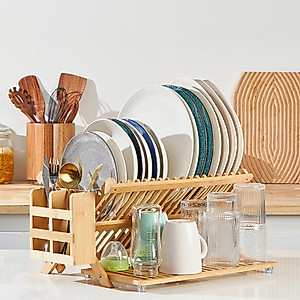 NOVAYEAH Bamboo Dish Drying Rack with Utensil Holder, Collapsible Wooden Dish Drainer Rack, 3-Tier Large Folding Drying Holder for Kitchen Counter