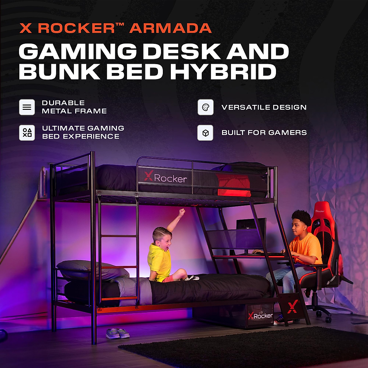 X Rocker Armada Gaming Bunk Bed, Durable Metal Frame, Built-in Gaming Desk, Safe Ladder, Grid Mesh Sides, 7000301, 95.6" x 41.5" x 64.2", Twin Over Twin, Black