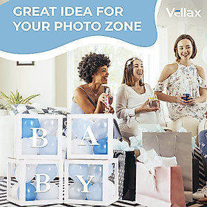 Baby Boxes with Letters for Baby Shower - Baby Shower Decorations of 44 pcs, 32 Blue Silver White Balloons, 4 White Blocks, 8 Letters, Perfect Party Decor