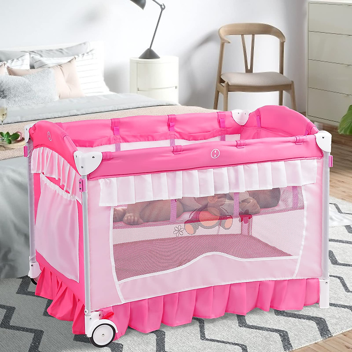 BABY JOY 4 in 1 Pack and Play with Extended Canopy, Portable Baby Playard Bedside Sleeper with Side Zipper Entrance, Wheels & Brake, Baby Girl Pink Bassinet Crib from Newborn to Toddler