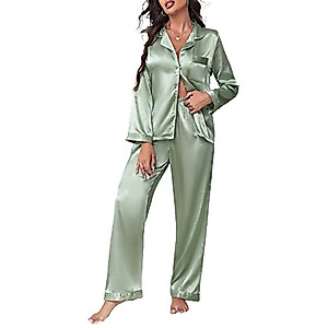 OYOANGLE Women's Satin Long Sleeve Pajama Set Button Down Silk Pj Set Sleepwear Lounge Set Mint Green XL