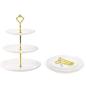 Tosnail 3 Pack 3 Tiers White Plastic Cupcake Stand Dessert Stand Tiered Serving Trays with 3 Styles Gold Rod, Party Serving Trays Fruit Pastry Holders for Wedding and Party - Heart and Flower Embossed