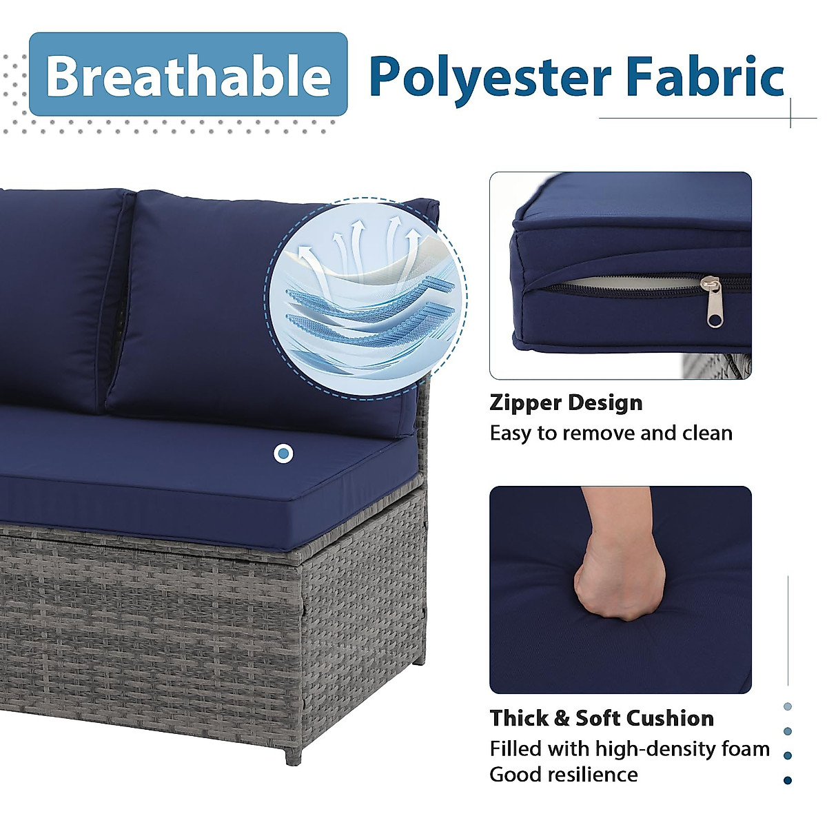 JOIVI 7 Piece Patio Furniture Set, Outdoor Dining Sectional Sofa Set with Aluminum Top Dining Table, Rattan Dining Conversation Furniture Set with Ottomans for Deck, Backyard, Navy Blue