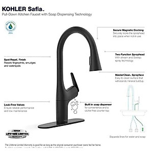 Kohler Safia 1-Handle Pull Down Sprayer Kitchen Faucet with Integrated Soap Dispenser in Matte Black