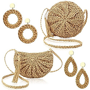 2 Pcs Women's Straw Clutch Purse and 2 Pairs Rattan Earrings Boho Straw Crossbody Purse Summer Woven Shoulder Bag Clutch Purse with Tassel Handmade Bohemian Earrings Hoop Drop Dangle Earrings