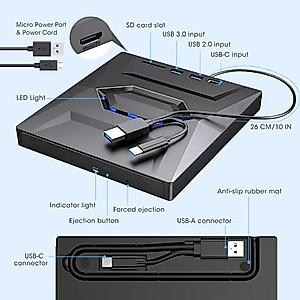 ROOFULL External CD/DVD Drive for Laptop USB 3.0 USB-C Portable CD Burner DVD Player CD/DVD-ROM +/-RW Disc Reader Writer with USB Port and SD Card Slot for Laptop PC Mac Windows 11/10 Linux Computer
