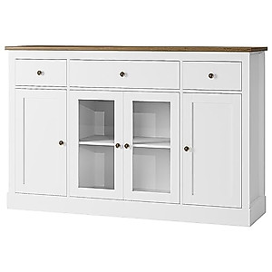 HOSTACK Sideboard Buffet Cabinet with Storage, 55" Large Kitchen Buffet Storage Cabinet with Drawers and Glass Doors, Modern Farmhouse Coffee Bar Cabinet, Wood Buffet Table Dining Room Cabinet, White