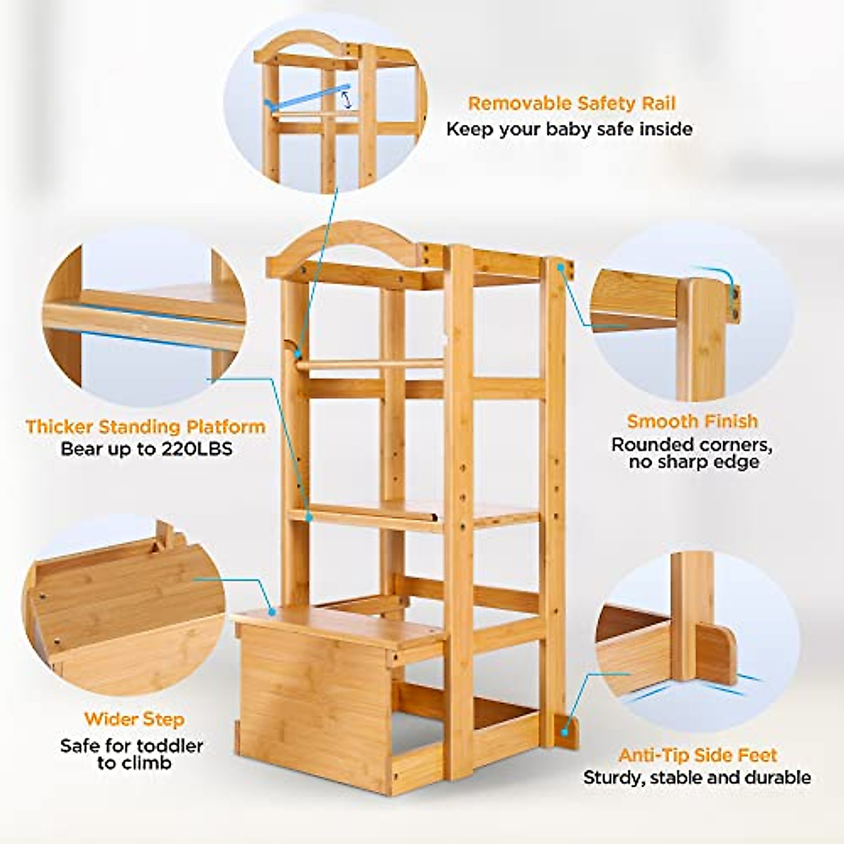 IPOW Learning Stool Toddler Tower, 3 Adjustable Height Kids Step Stool for 18-48 Months, Solid Toddler Kitchen Step Stool Helper with Safety Rail for Kitchen Counter Bathroom Sink