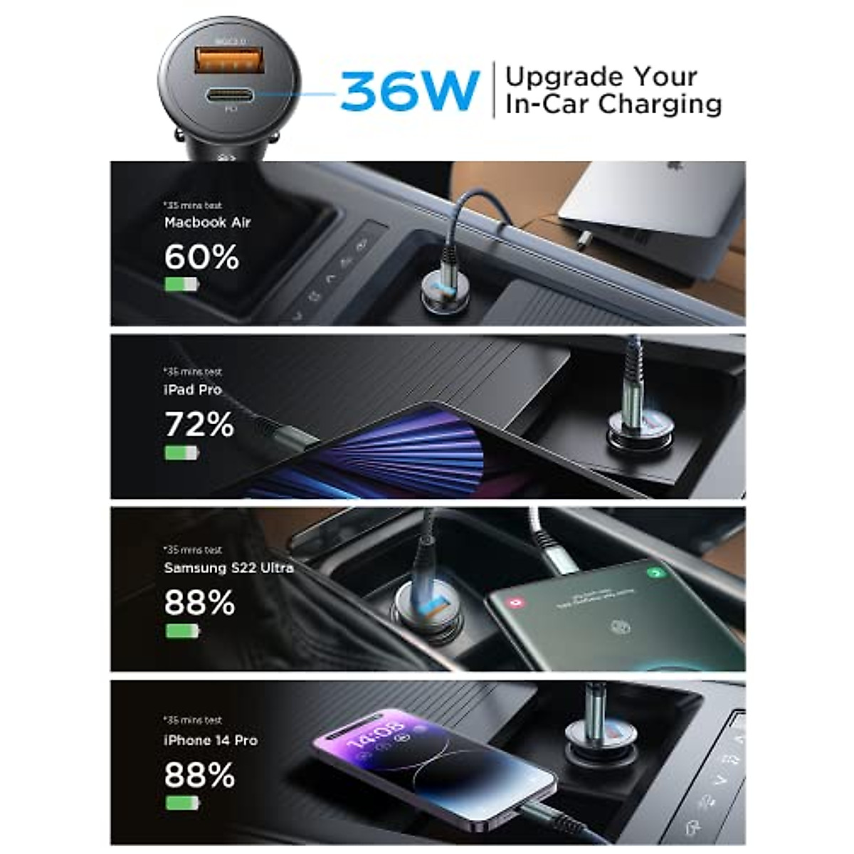 Car Charger USB C 54W Car Charger Adapter [Mini&Metal] AINOPE Cigarette Lighter USB Charger PD36W&QC3.0 Car Phone Charger Fast Charging for iPhone 14 Pro Max 13 12 Samsung Galaxy S23/22 Google Pixel