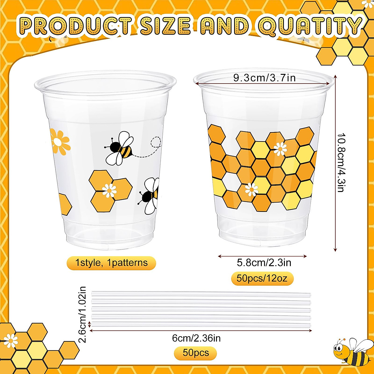 Sliner 50 Pcs Bee Party Plastic Cups with Straws 12 oz Clear Honey Bee Cups Disposable Bee Drinking Cups Bee Theme Party Favors for Home Kitchen Bee Birthday Baby Shower Party Supplies Decor