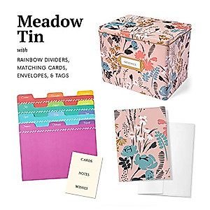 Jot & Mark Greeting Card Organizer Box Set | Decorative Recipe Tin Box, Tab Dividers, Matching Greeting Cards and Envelopes (Meadow)