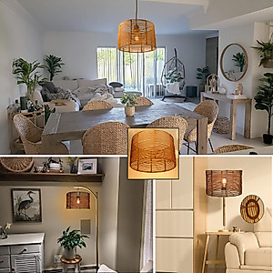 Rattan Drum lamp shades rattan Chandelier Shades Woven Boho Rattan Lampshade Chandelier Shades Pendant light Covers E26 E27 Replacement Table Lamp Floor Lamps Lampshades(Dark Brown)