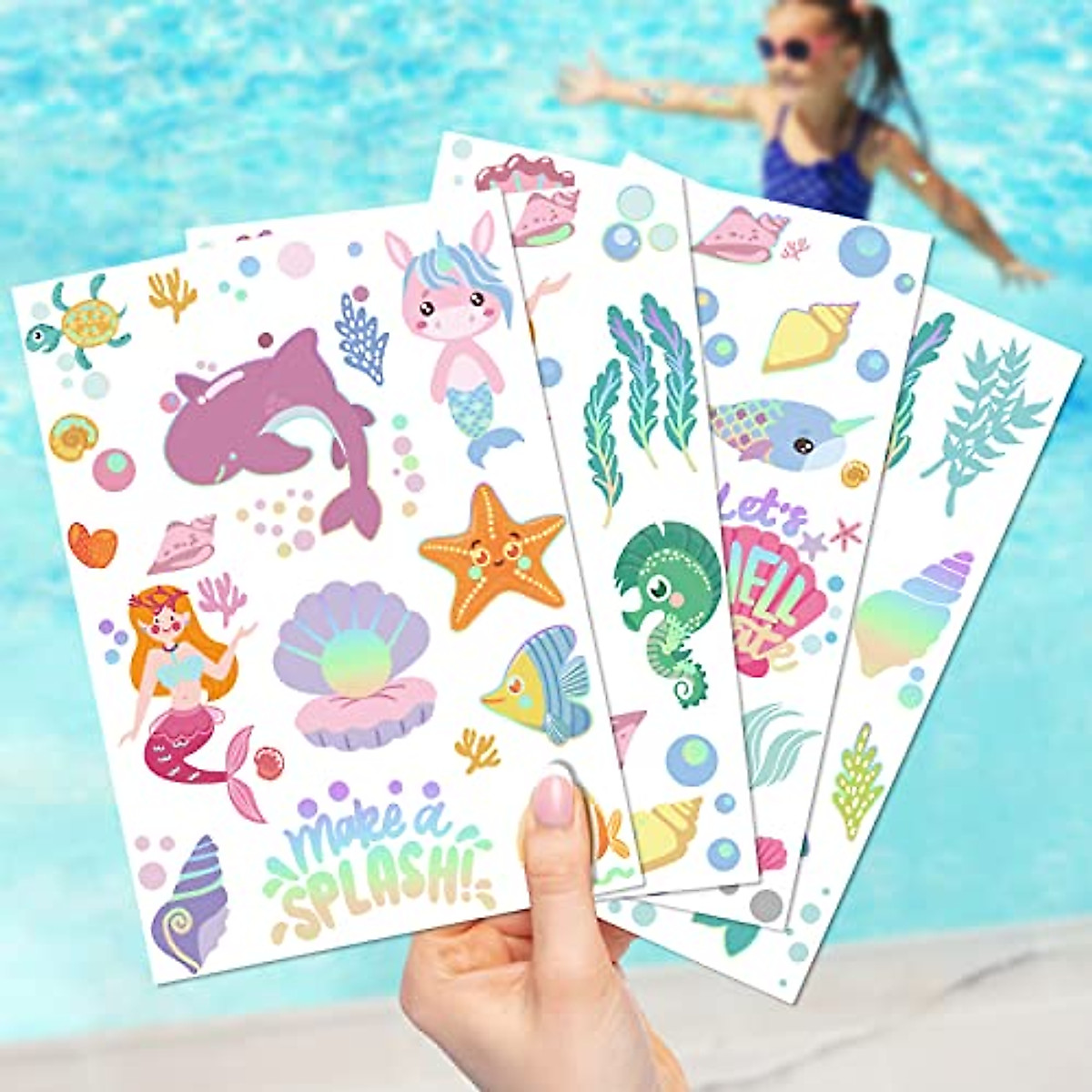Mermaid Temporary Tattoo for Kids Under the Sea-76 Glitter Style Cute Fake Tattoo Dolphin Ocean Animals Waterproof for Girls Boys Body Face Tattoos Stickers Beach Art Birthday Party Favors Decorations