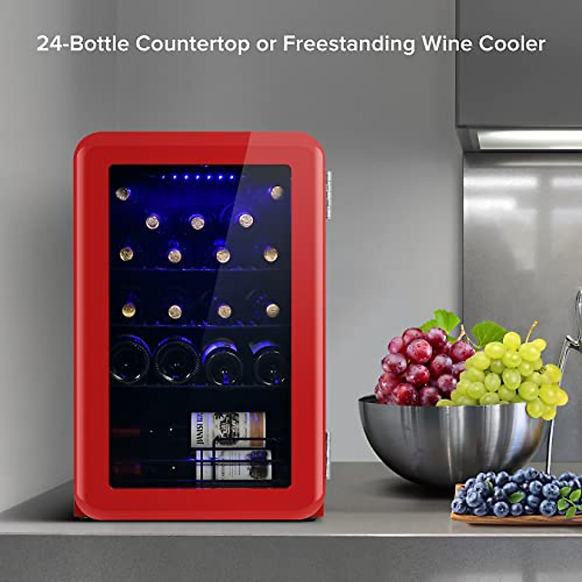 24 Bottle Wine Cooler Cabinet Beverage Fridge Small Wine Cellar Soda Beer Counter Top Bar Fast Cooling Low Noise Frost Free Wine Fridge with Professional Compressor for Small Kitchen, Apartment, RV