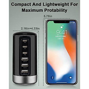 Universal USB & USB C Tower Fast Charging Station 6-Port 60W - Compact, Space-Saving Design with Multiple USB & USB-C Ports for All iPhone Galaxy Note Pixel iPad Multiple Devices