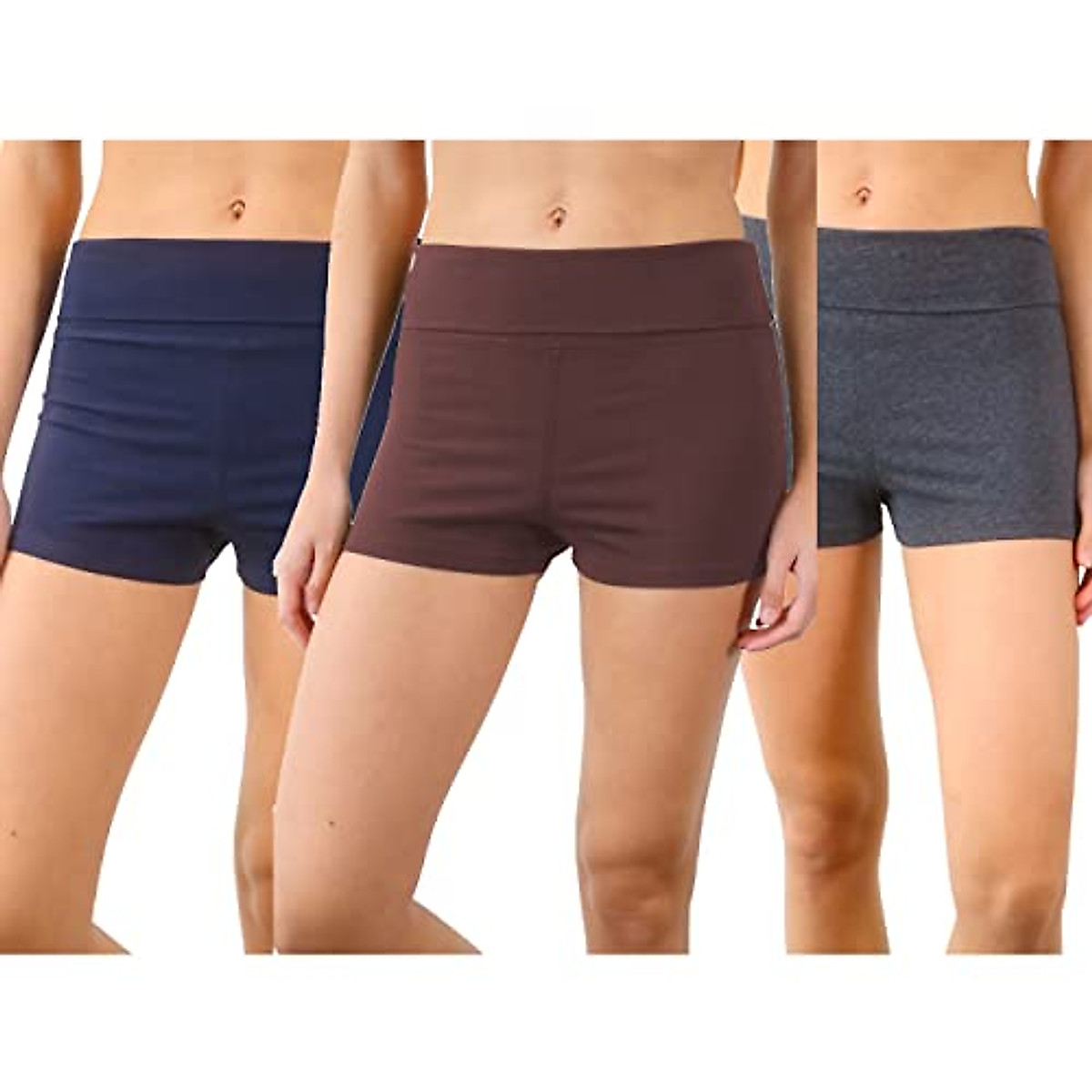 Pure Look Women’s 3-Pack Fold Over Waist Active Stretch Cotton Yoga Shorts, Large, Navy, Brown, Charcoal