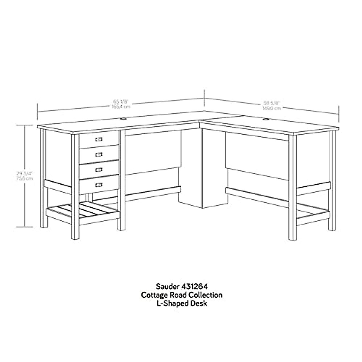 Sauder Cottage Road L-Shaped Desk with Drawers in Raven Oak, Raven Oak Finish
