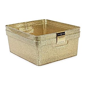 Isaac Jacobs Medium Glitter Storage Bin (14” x 11.5” x 5.5”) Set w/Cut-Out Handles, Plastic Organizer, Multi-Functional, Home Storage Solution, Kids Playroom, Bedroom, Closet (2, Gold)