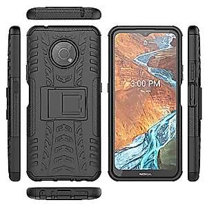 FLYME for Nokia G300 case with Tempered Glass Screen Protector(2 Pack), Heavy Duty Shockproof Anti-Scratch Non-Slip Hybrid Defender Armor Dual Layer Kickstand Phone Case Cover,Black