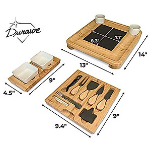 Bamboo Cheese Board and Knife Set Ceramic Bowls Wine Opener - 100% Organic Wood Serving Tray Charcuterie Board Perfect Choice for Gourmets, Birthday Presents, Wedding Gifts, Mothers & Housewarming