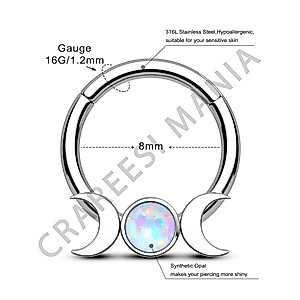 CM Crareesi Mania Septum Jewelry 16G Moon Septum Rings 316L Stainless Steel Daith Piercing Jewelry Helix Earrings for Women Opal Septum Piercing Jewelry