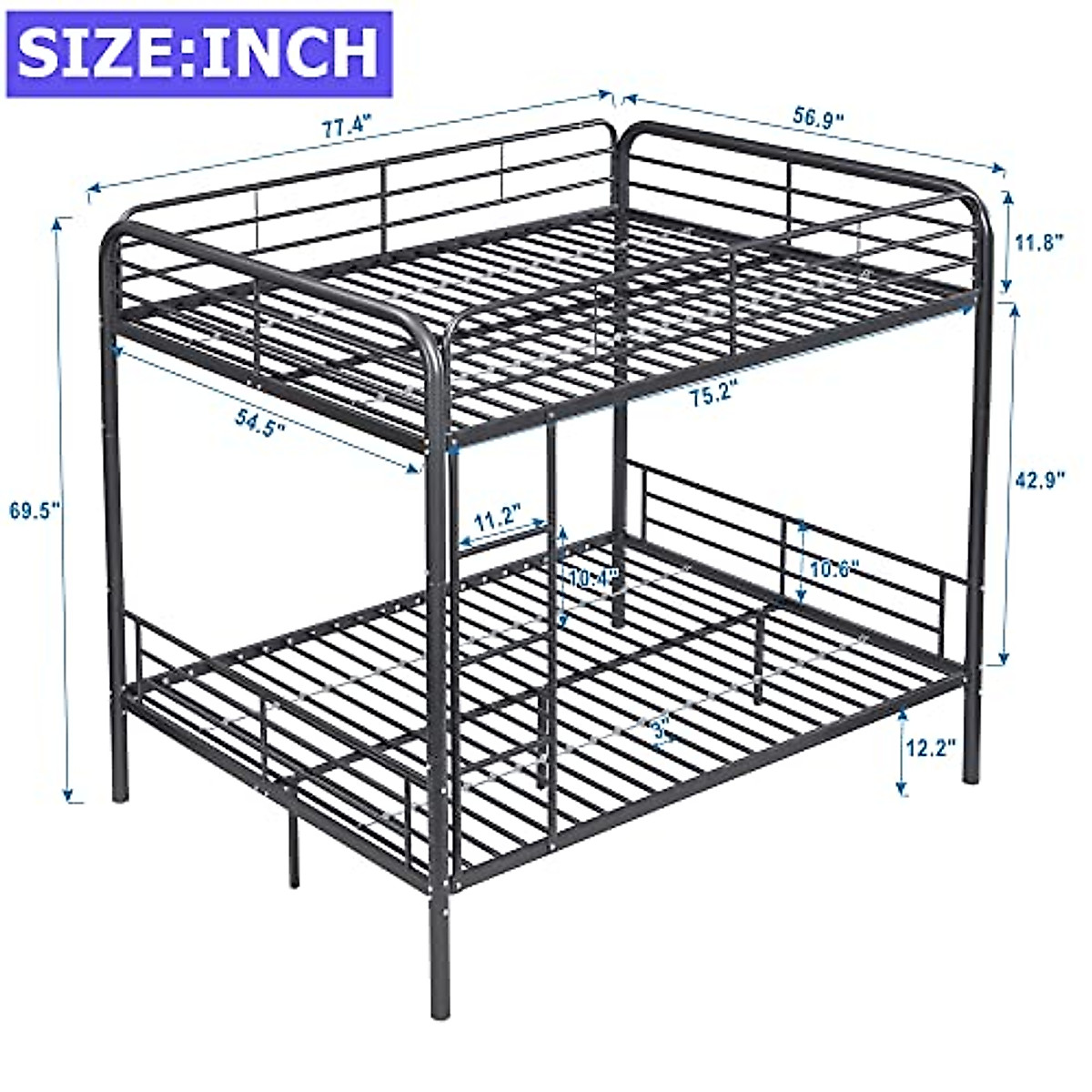 Movdevy Metal Bunk beds, Full Over Full Bunk Beds for Kids Adults,Modern Bunk Beds Full Over Full with Safety Guard Rail, Heavy Duty Full Over Full Bunk Beds,Convertible Full Size Bunk Bed (Gunmetal)