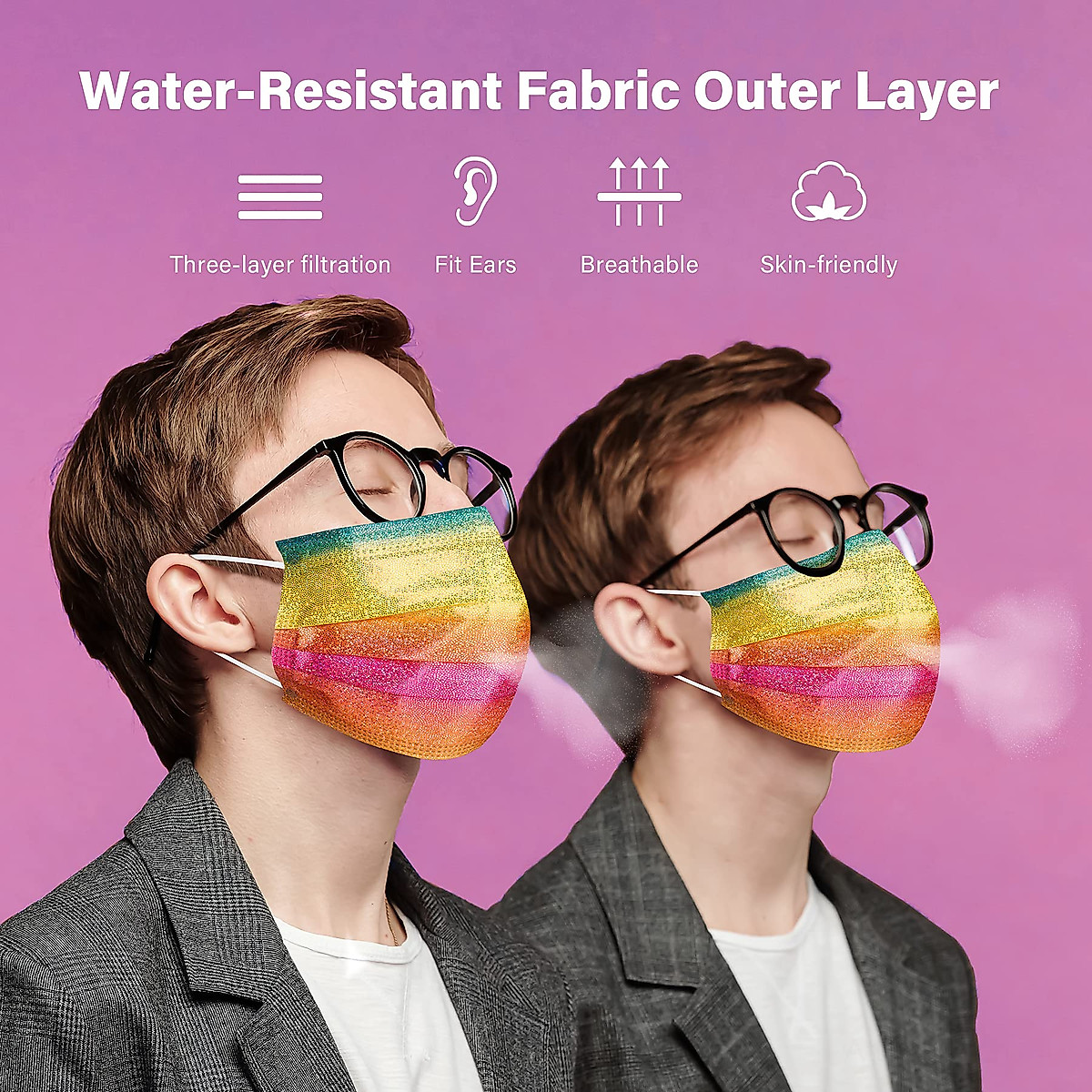 NiHealth 50PCS Stylish Disposable Face Masks for Adults - Breathable 3-Layer Non-Woven Fabric Coverings with Glamorous Glitter Sparkle Design (5 Iridescent Colors)