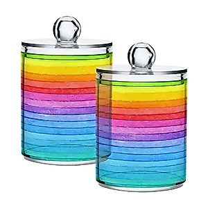 Kigai 2 Pack Rainbow Stripe Qtip Holders Dispenser Bathroom Vanity Organizers Clear Plastic Apothecary Jars with Lids for Cotton Ball, Cotton Swab, Cotton Round Pads, Floss