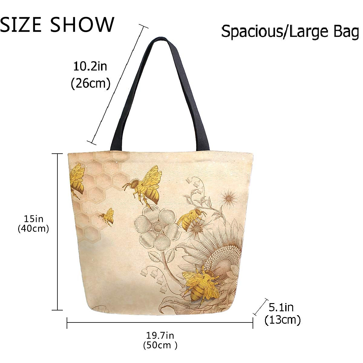 ZzWwR Rural Honey Bees Wildflowers Extra Large Canvas Shoulder Tote Top Handle Bag for Gym Beach Travel Reusable Grocery Shopping