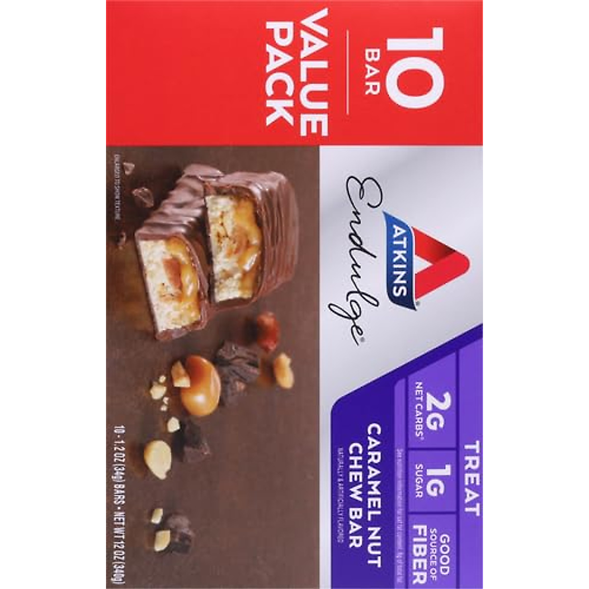 Atkins Endulge Caramel Nut Chew Bar, Dessert Favorite, 1g Sugar, Good Source of Fiber, Low Sugar, 10 Count